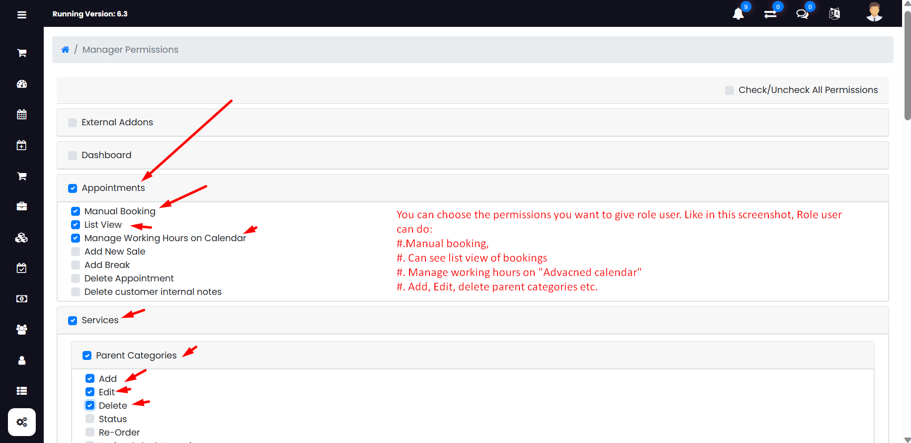 How to set permissions for role? Rezervy Online Appointment Booking Software